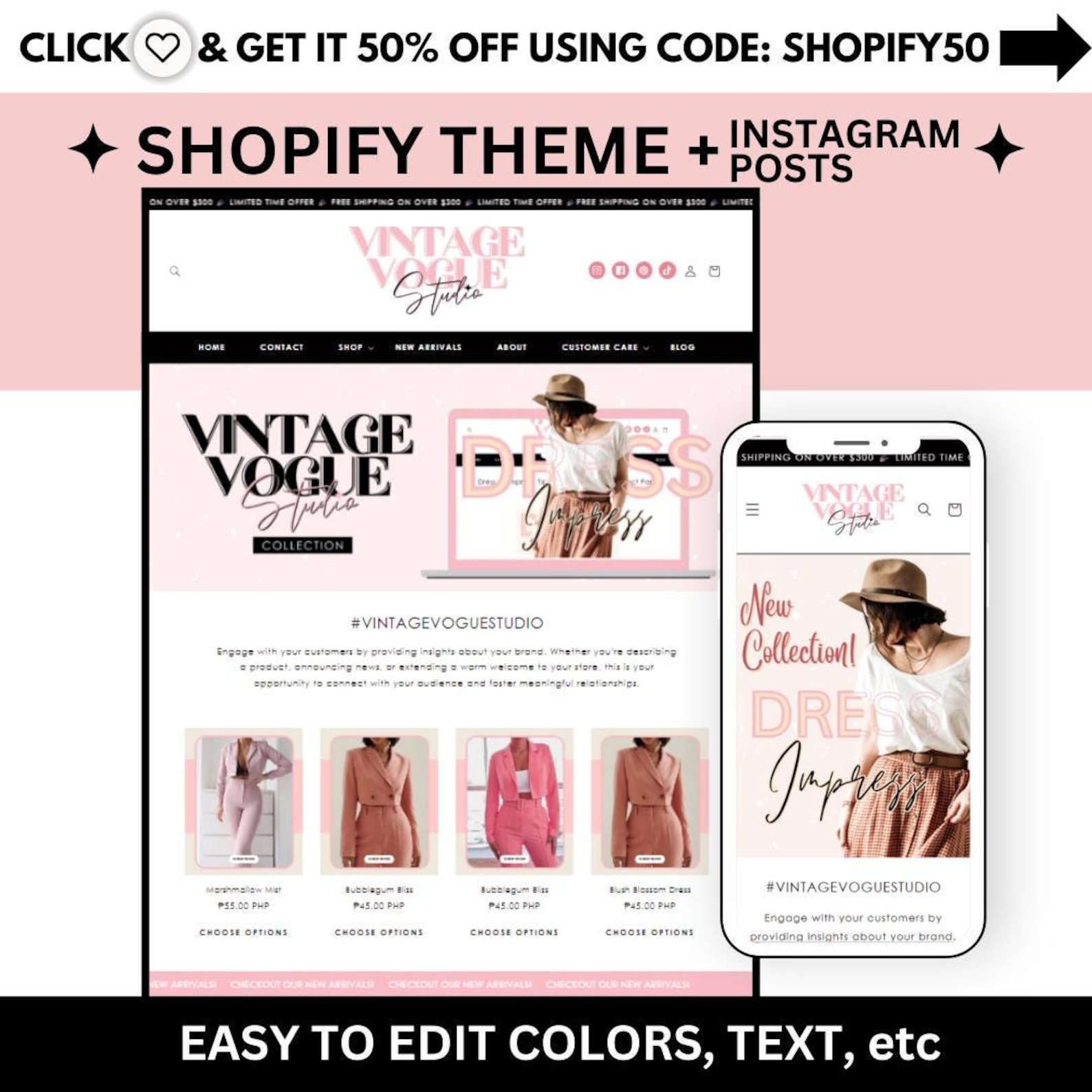 Pink Shopify Theme - Website Design Template - White Aesthetic Shopify ...