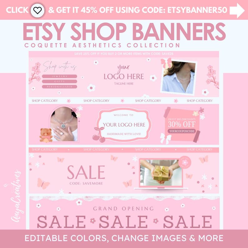 Pink Branding Etsy Shop Banner Templates - Pretty Bows Cherries ...