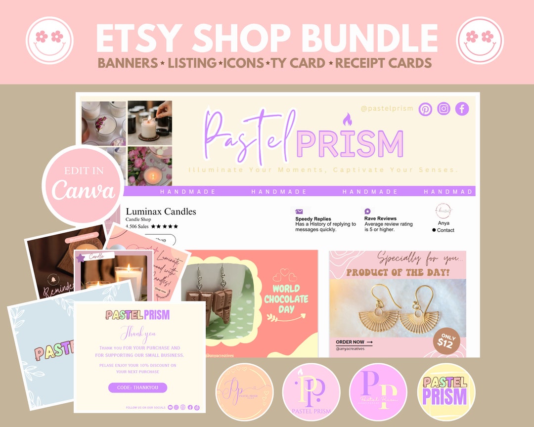 Etsy Shop Kit Banner Templates, Pastel Prism Rainbow Etsy Bundle ...