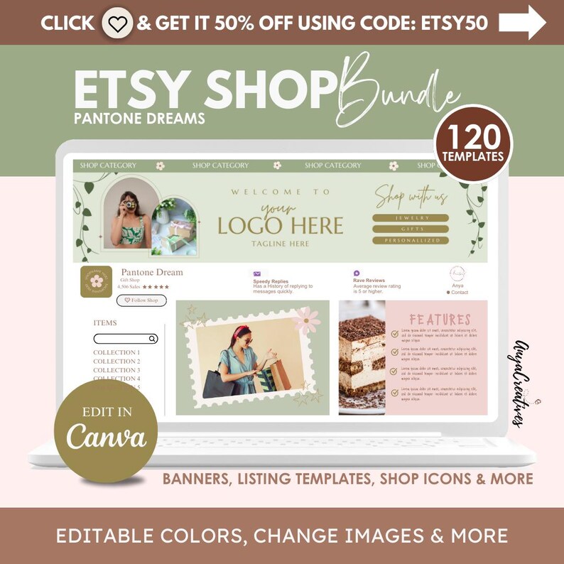 Etsy Shop Banner Templates, Cottagecore Sage Green Editable Etsy ...
