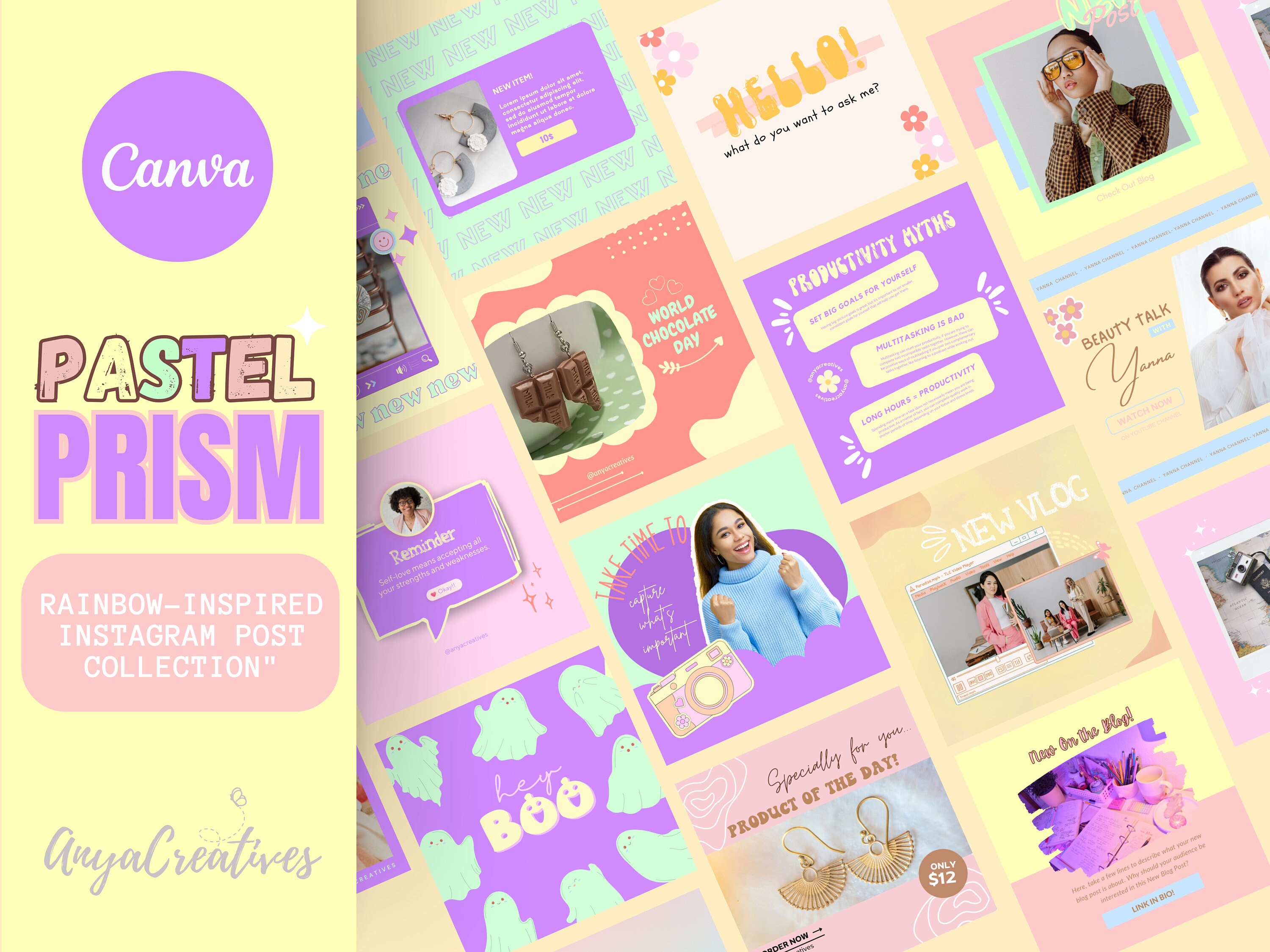 Rainbow Pastel Instagram Post Templates Canva Positive Quotes for ...