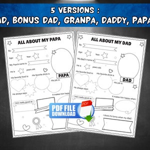 Father's Day Printable, All About My Dad, Father's Day Gift for Dad ...