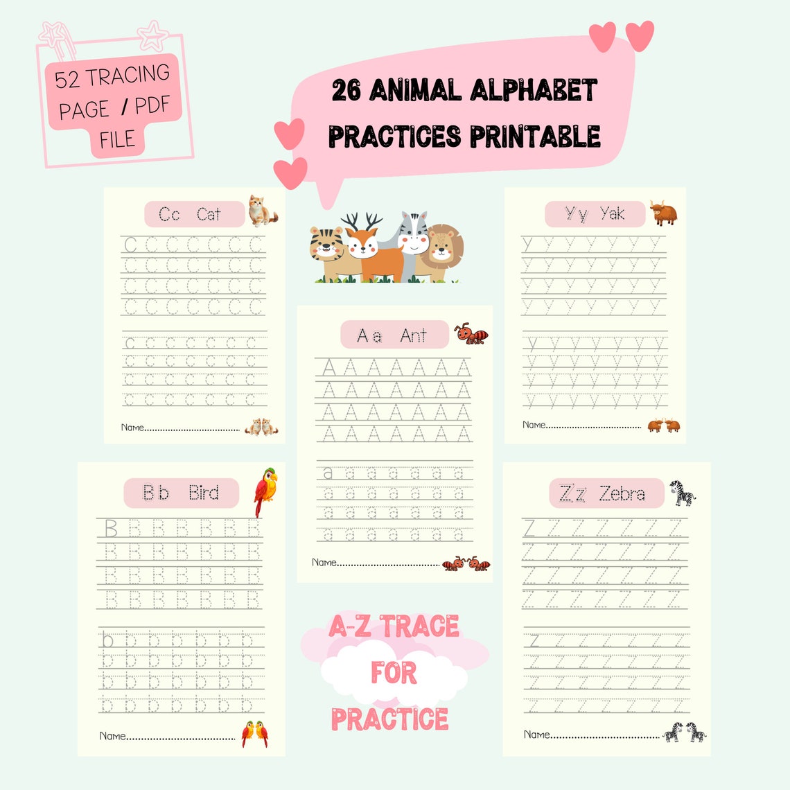Animal Alphabet Tracing,practices Printable,abc Handwriting Practices ...