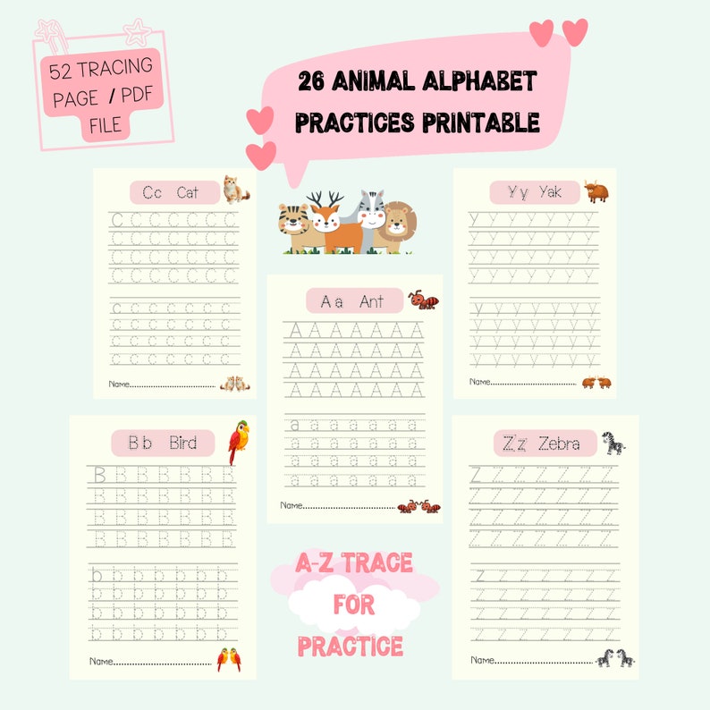 Animal Alphabet Tracing,practices Printable,abc Handwriting Practices ...