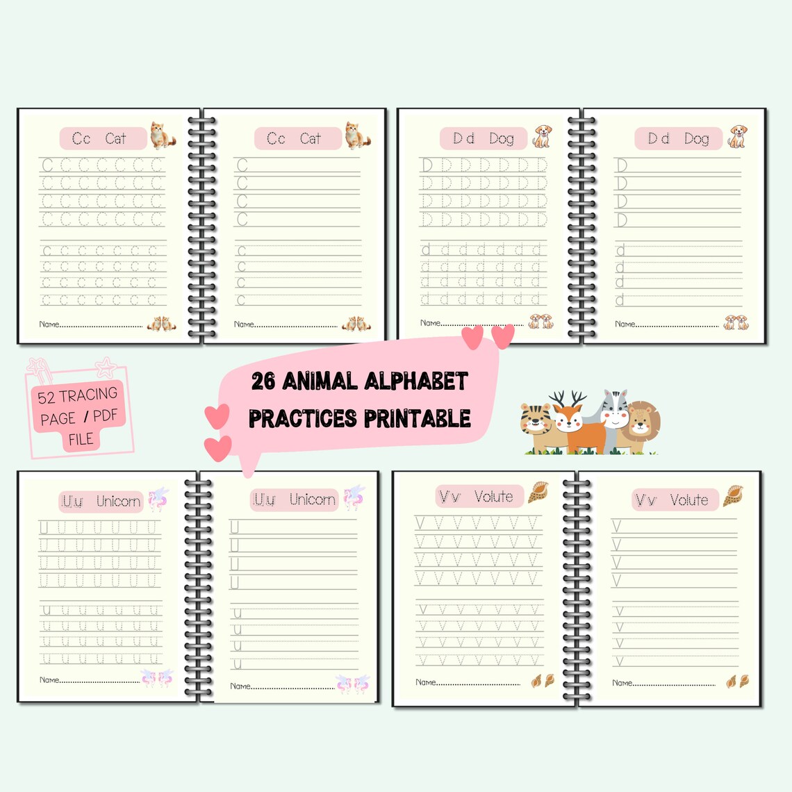 Animal Alphabet Tracing,practices Printable,abc Handwriting Practices ...