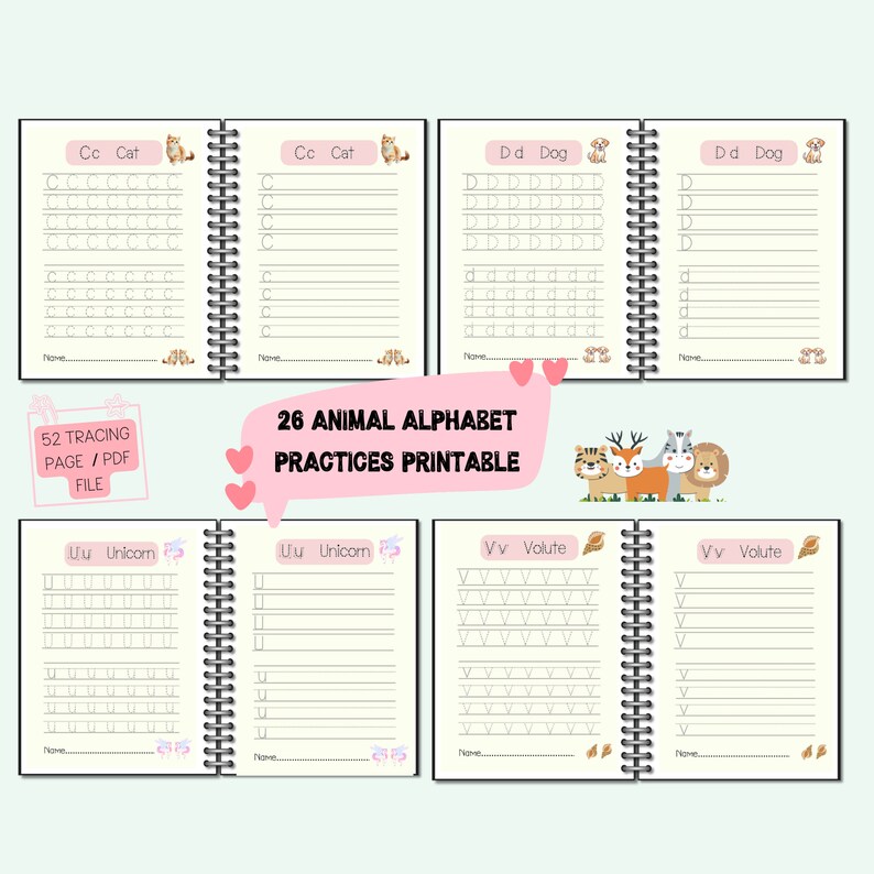 Animal Alphabet Tracing,practices Printable,abc Handwriting Practices ...