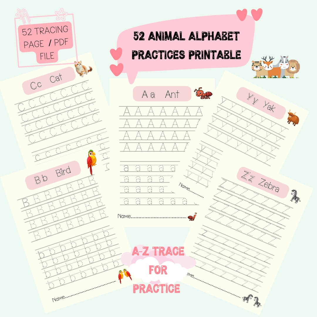Animal Alphabet Tracing,practices Printable,abc Handwriting Practices ...