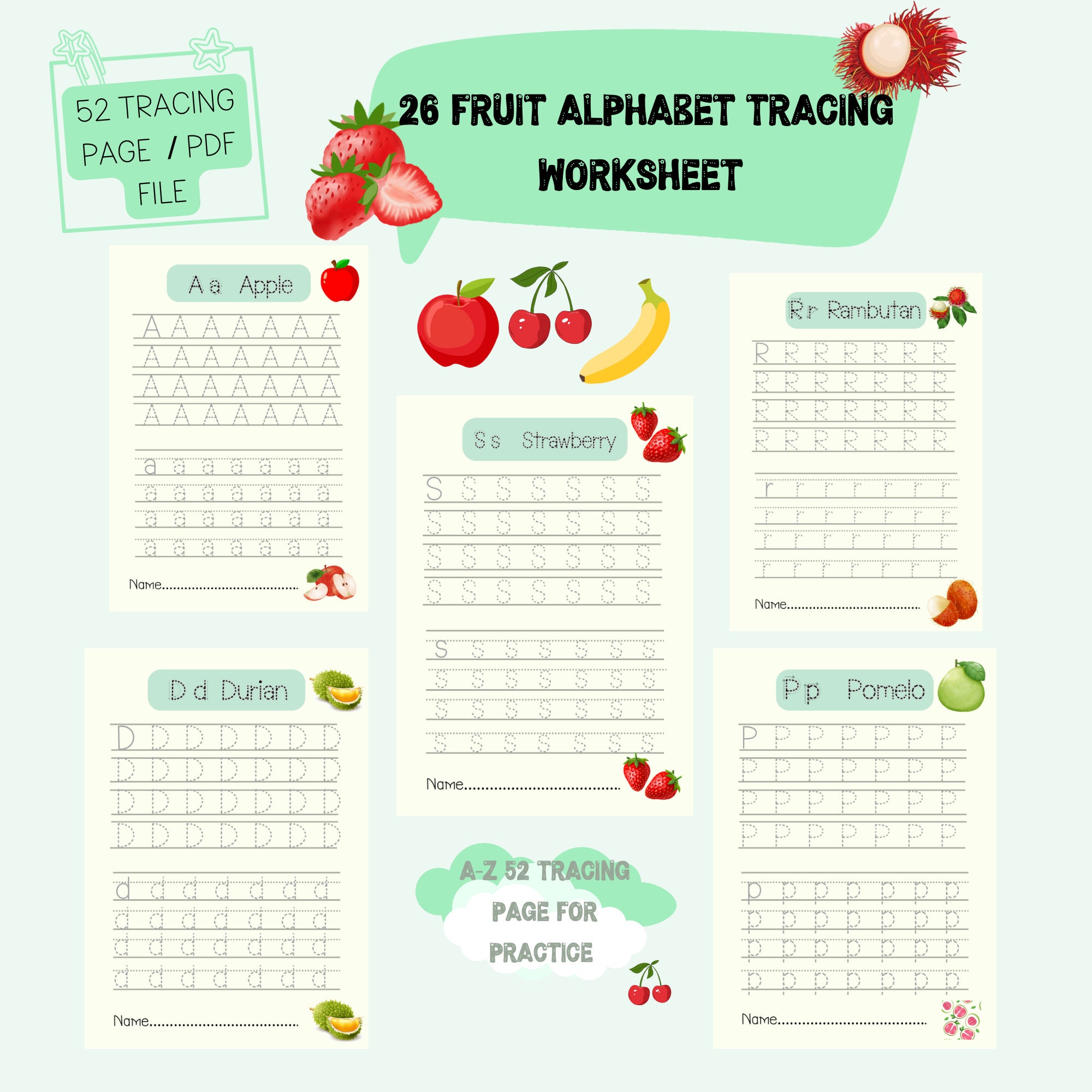 Fruit Alphabet Tracing, Practices Printable,abc Practices Printable ...
