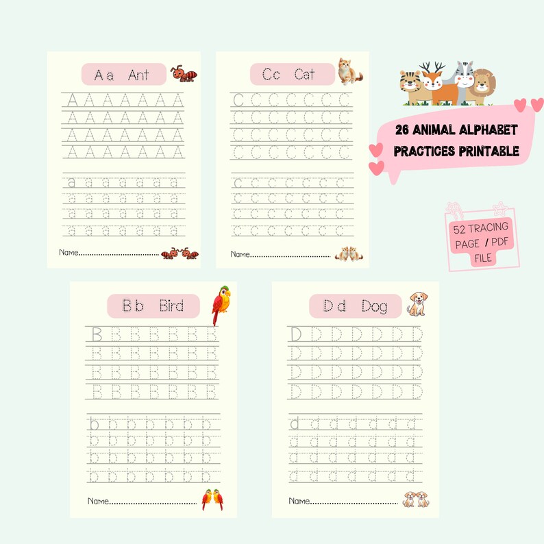 Animal Alphabet Tracing,practices Printable,abc Handwriting Practices ...