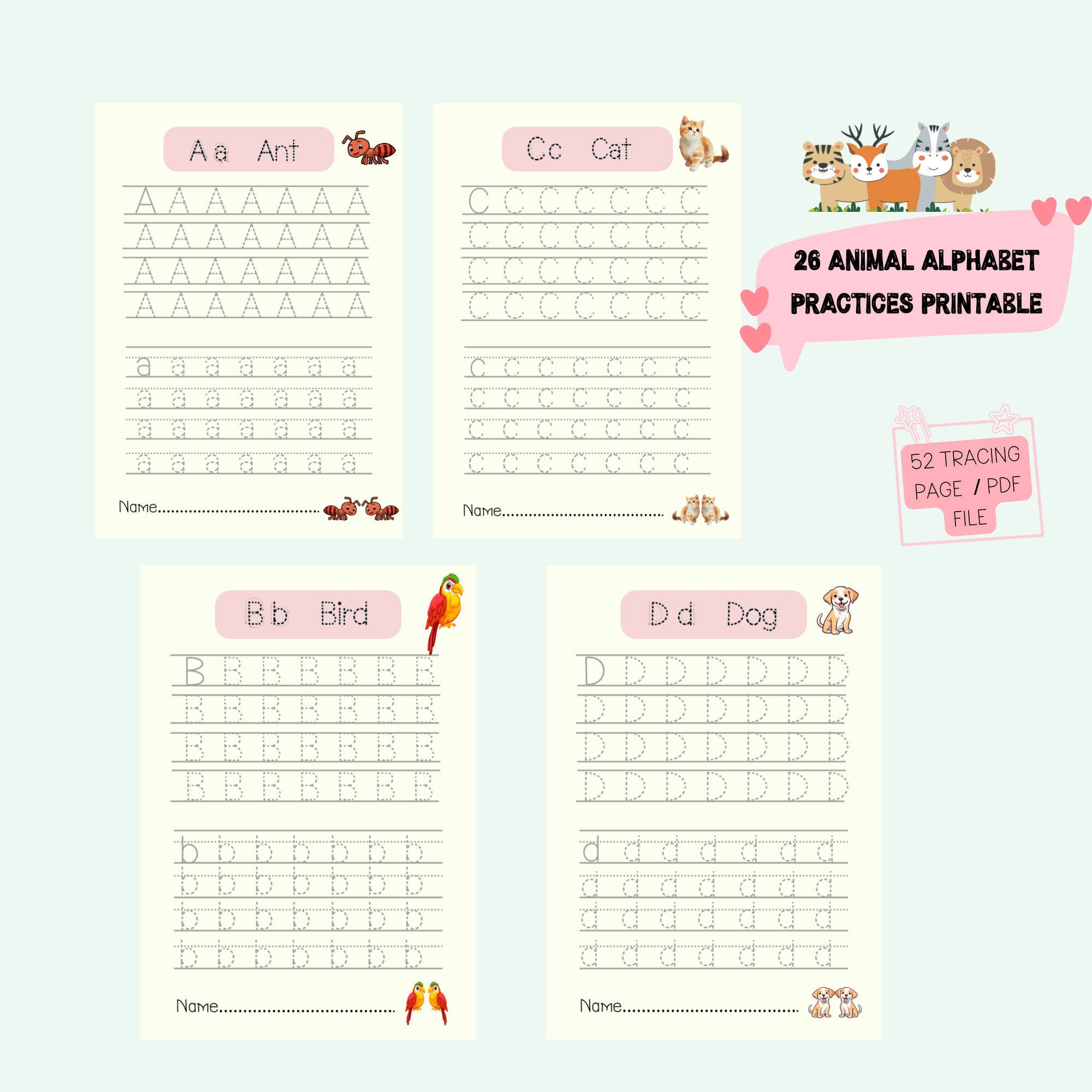 Animal Alphabet Tracing,practices Printable,abc Handwriting Practices ...