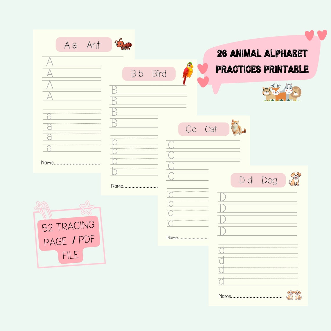 Animal Alphabet Tracing,practices Printable,abc Handwriting Practices ...