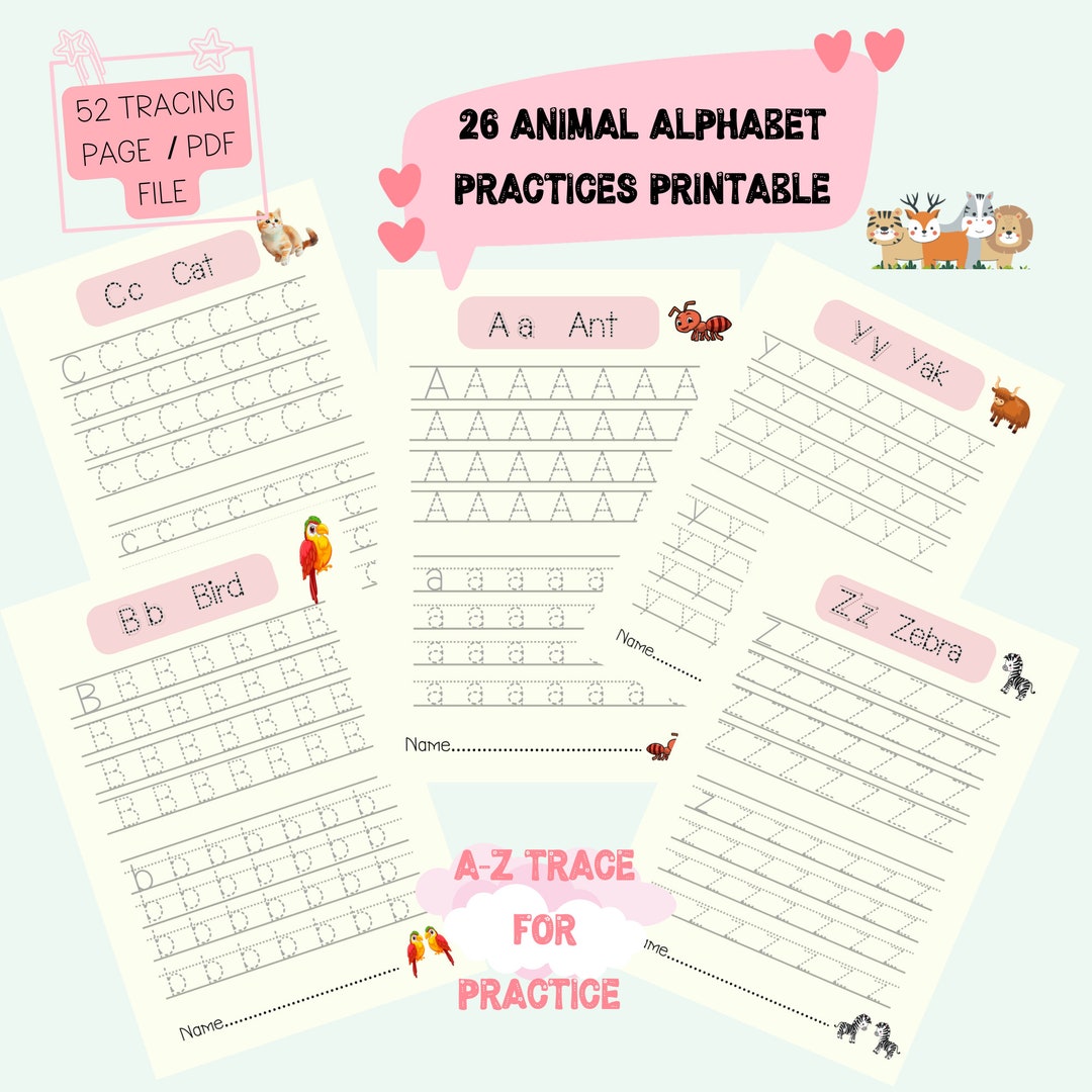 Animal Alphabet Tracing,practices Printable,abc Handwriting Practices ...