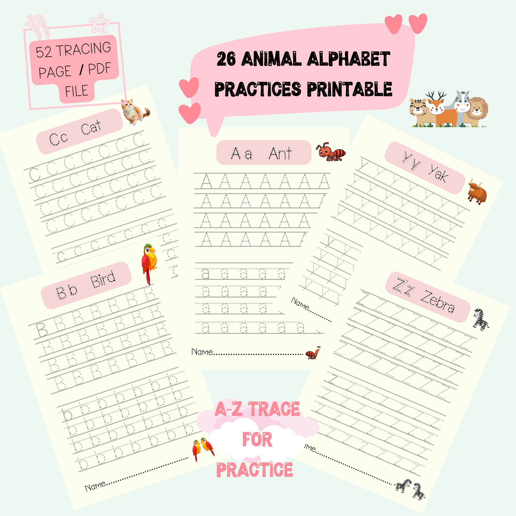 Animal Alphabet Tracing,practices Printable,abc Handwriting Practices ...