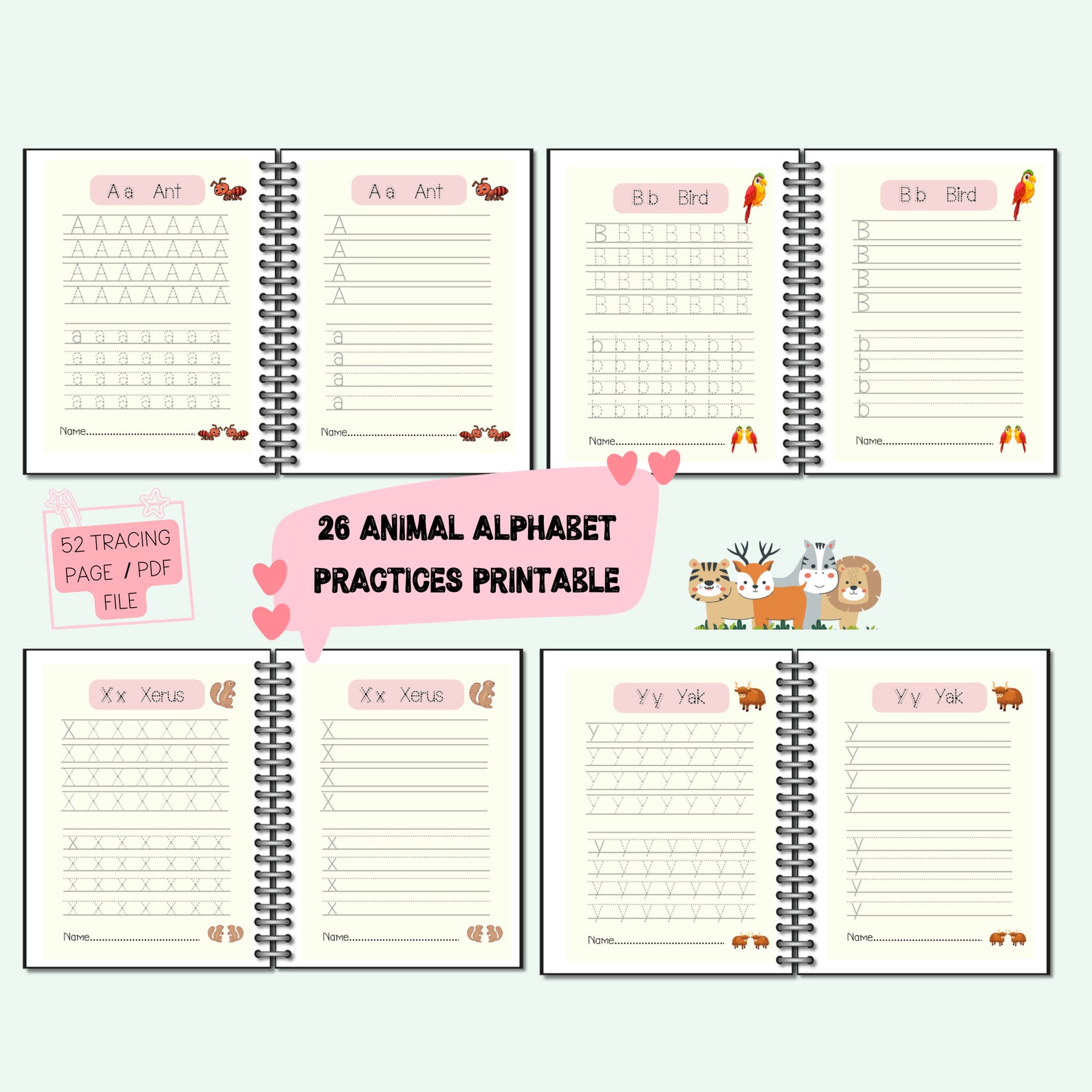 Animal Alphabet Tracing,practices Printable,abc Handwriting Practices ...