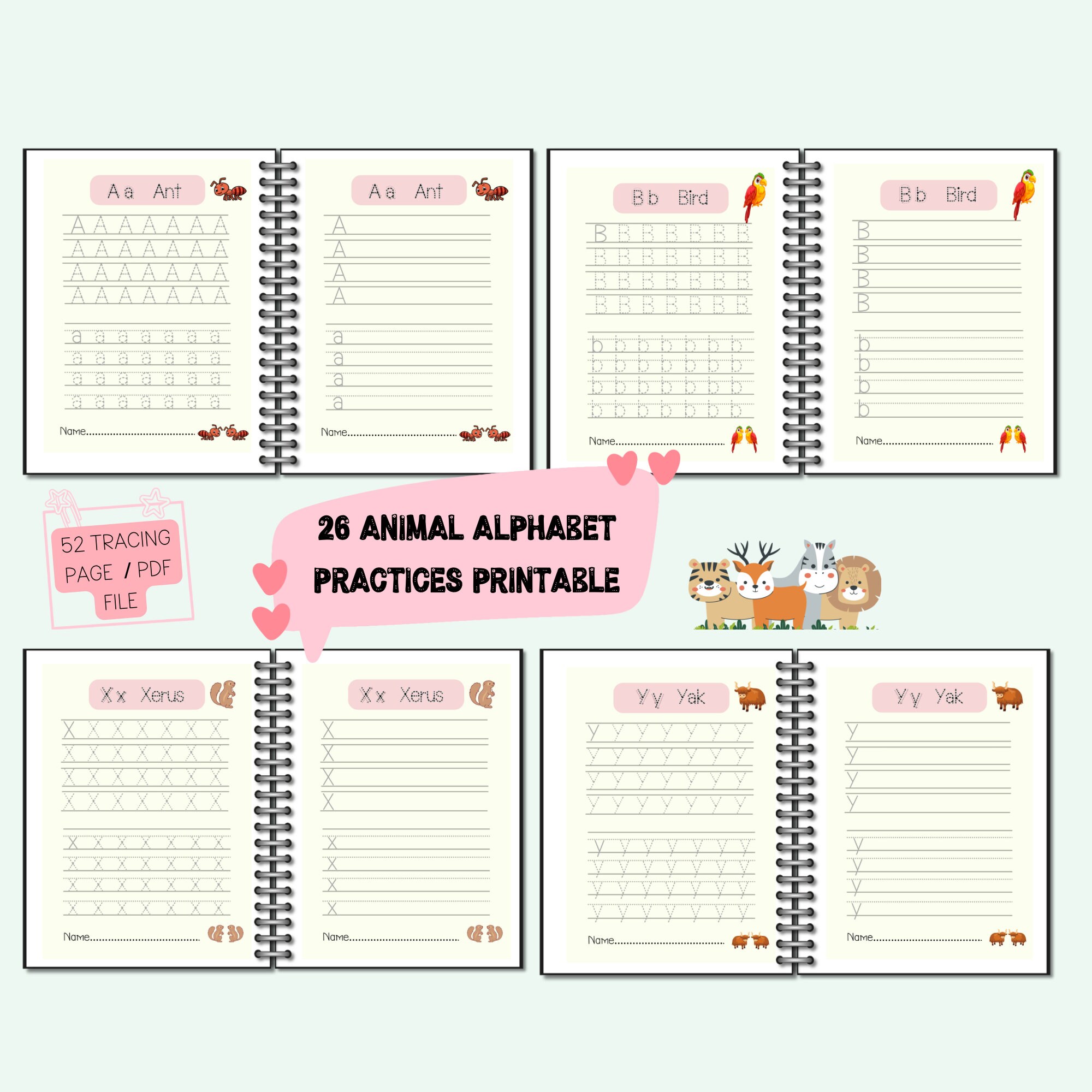 Animal Alphabet Tracing,practices Printable,abc Handwriting Practices ...