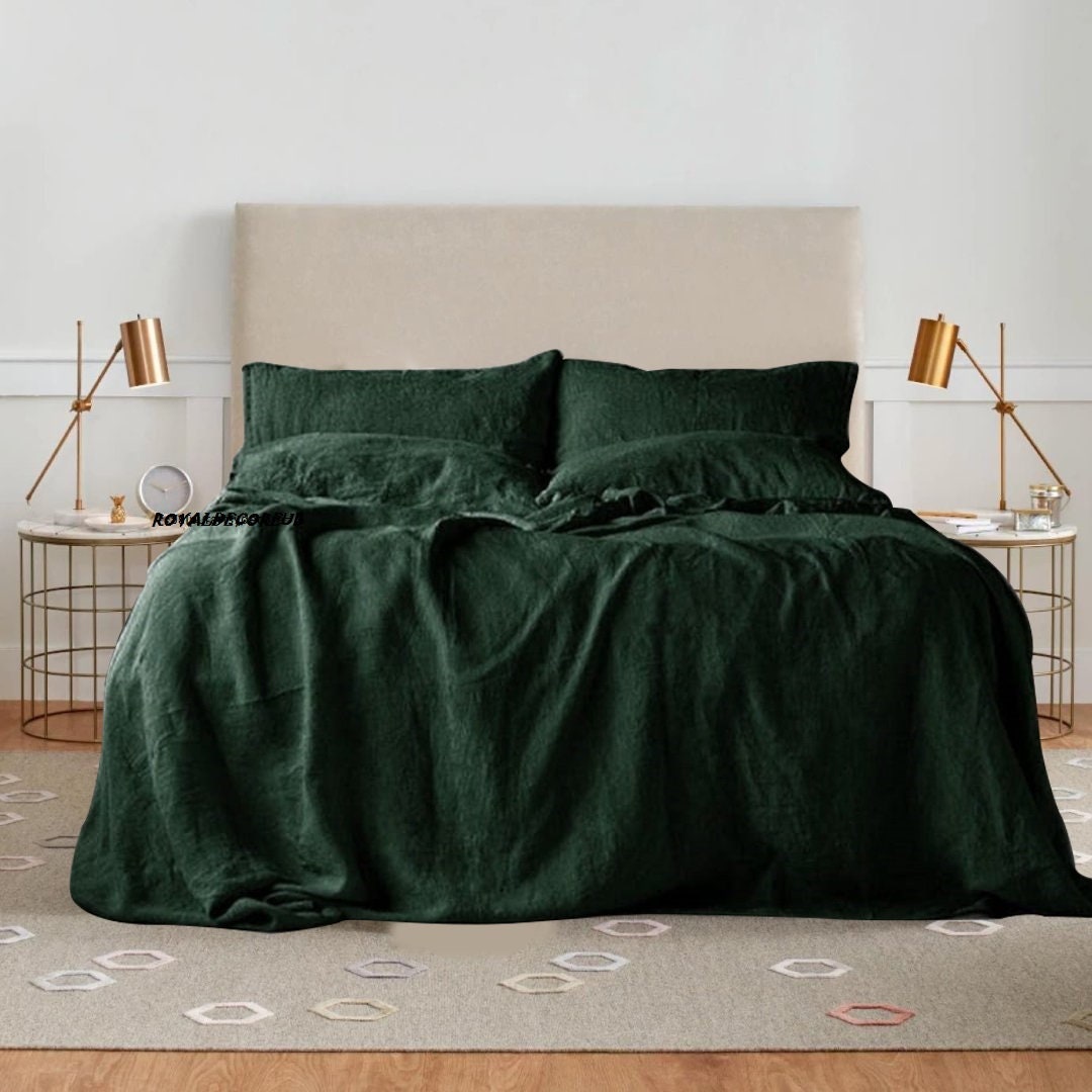 Dark Green Duvet Cover Stonewashed Linen Bedding Twin Full Queen King ...