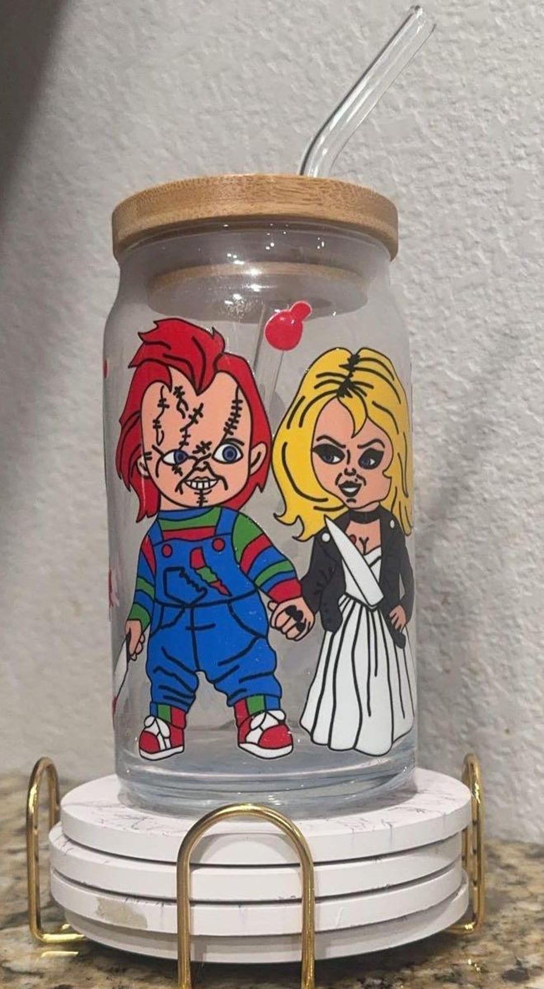 Chucky Halloween Libby Glass 16oz Tumbler, Spooky Glass Cup, Horror ...