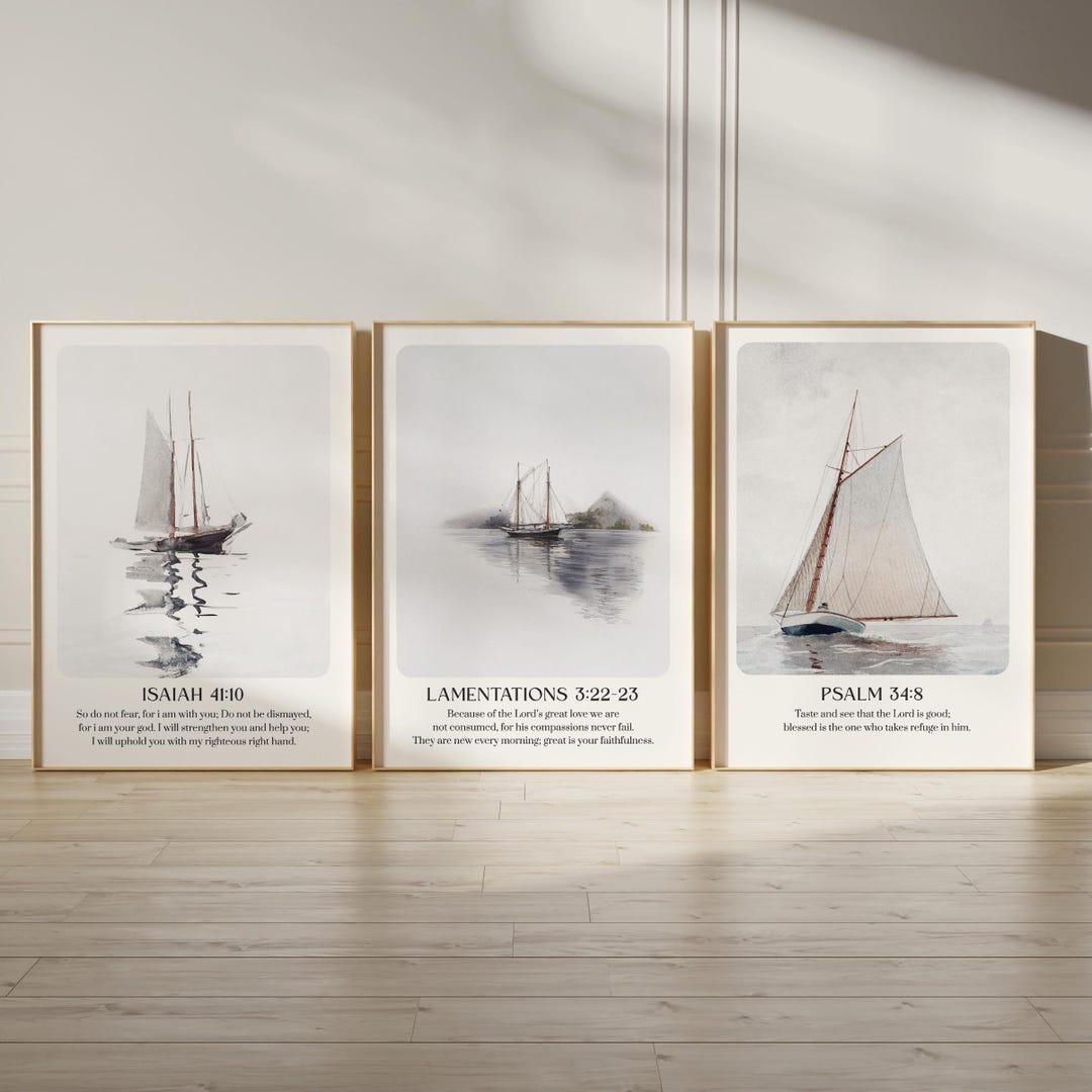 Christian Wall Art Set of 3 Vintage Ship in Ocean Bible Verses ...