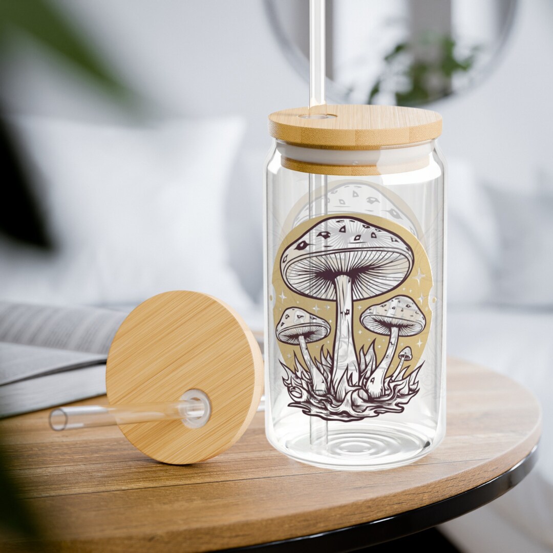 Cute Retro Mushroom 16oz Sipper Glass With Bamboo Lid & Straw, Clear ...
