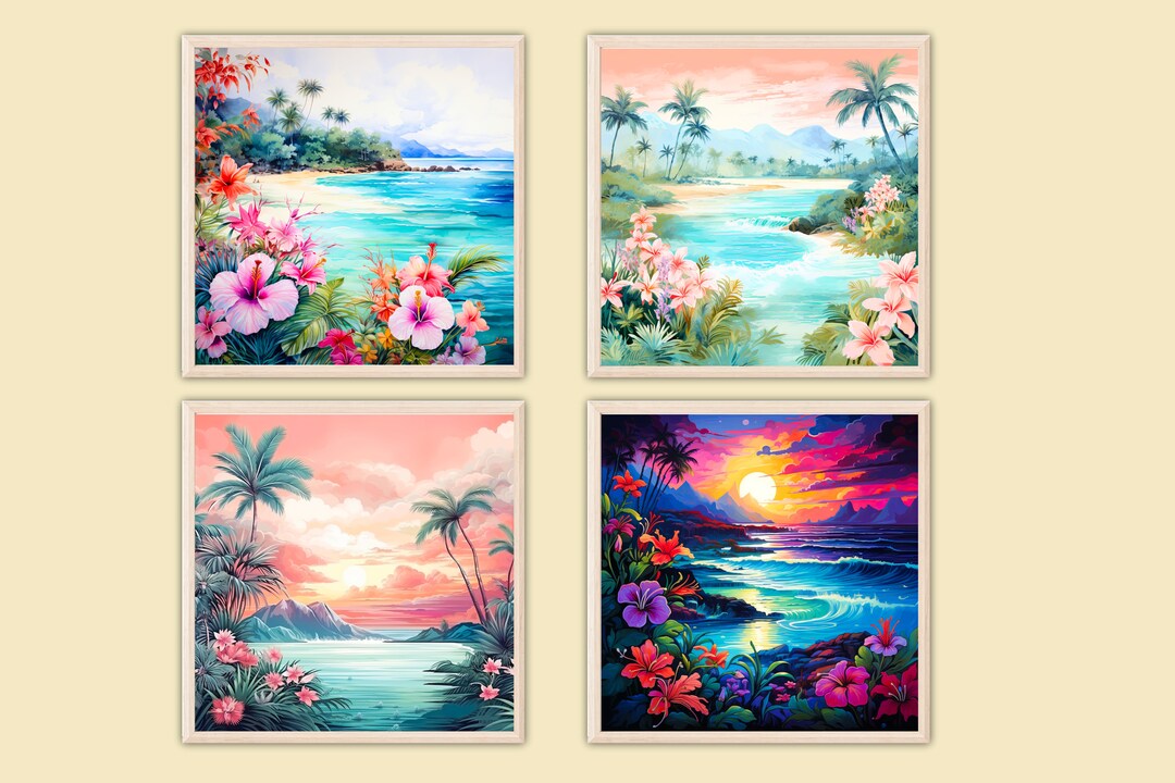 Watercolor Tropical Paradise Wall Art Set of 4-beach Landscape Wall Art ...