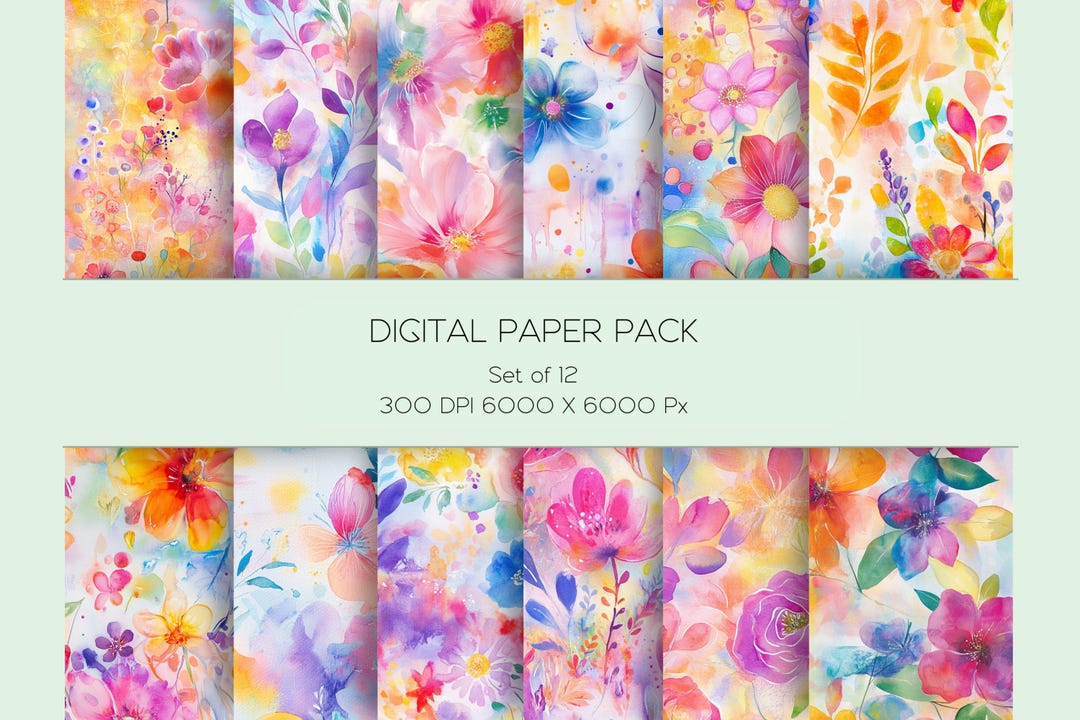 Watercolor Colorful Floral Seamless Digital Paper Set-pastel Floral ...