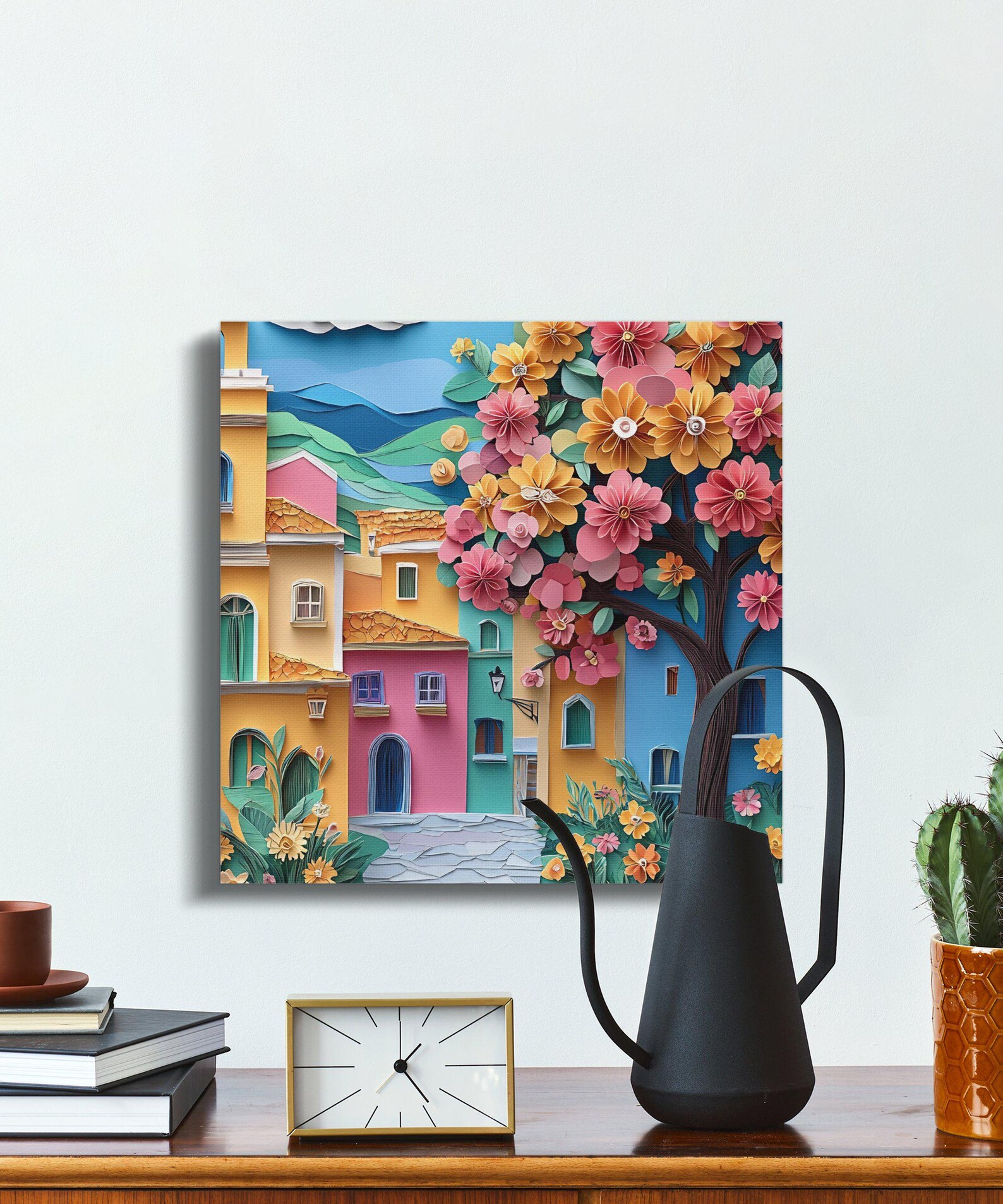 Spring Village Digital Art, Floral Cityscape, Colorful Houses Printable ...