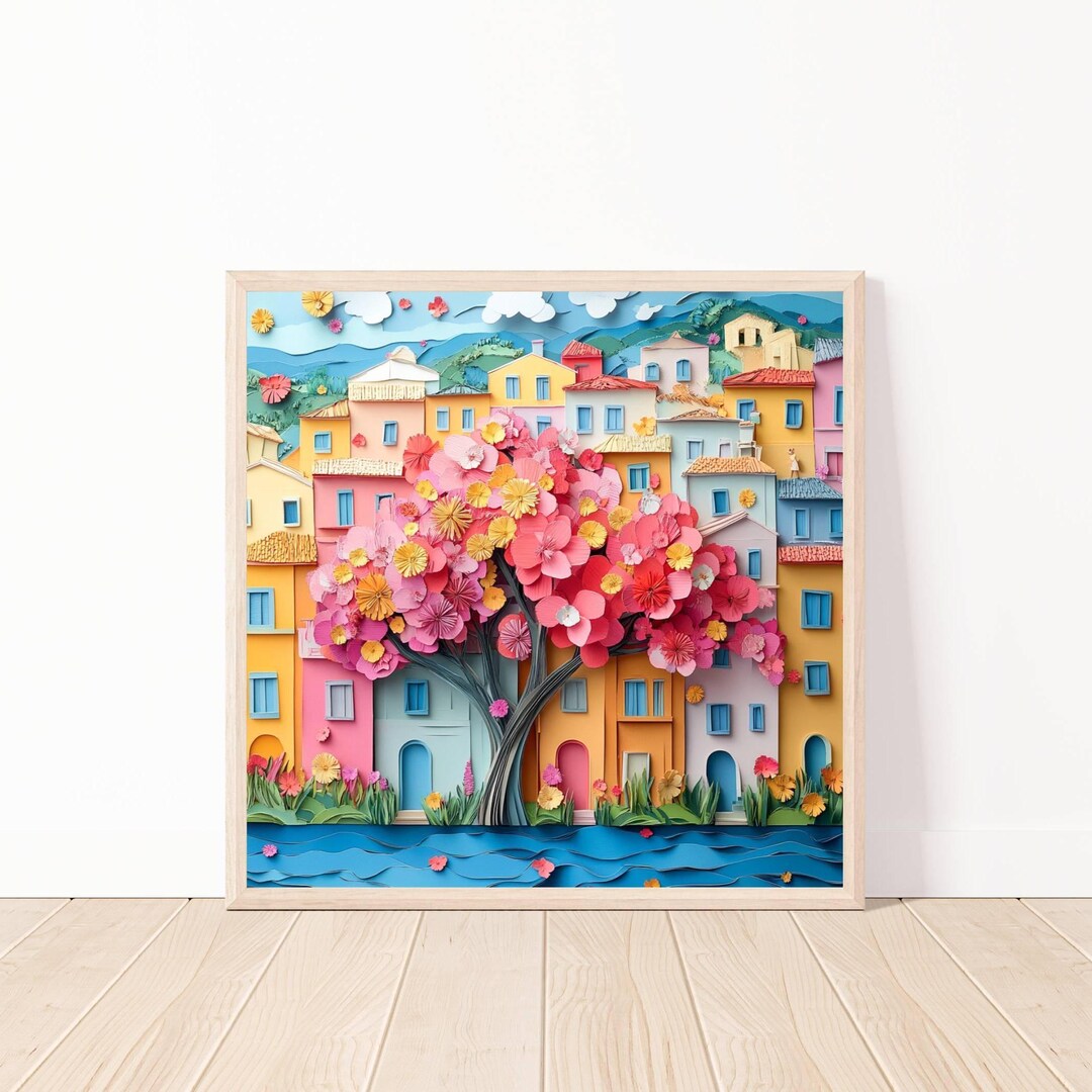 Paper Art Village Wall Art, Colorful Townscape Print, Floral Tree Art ...
