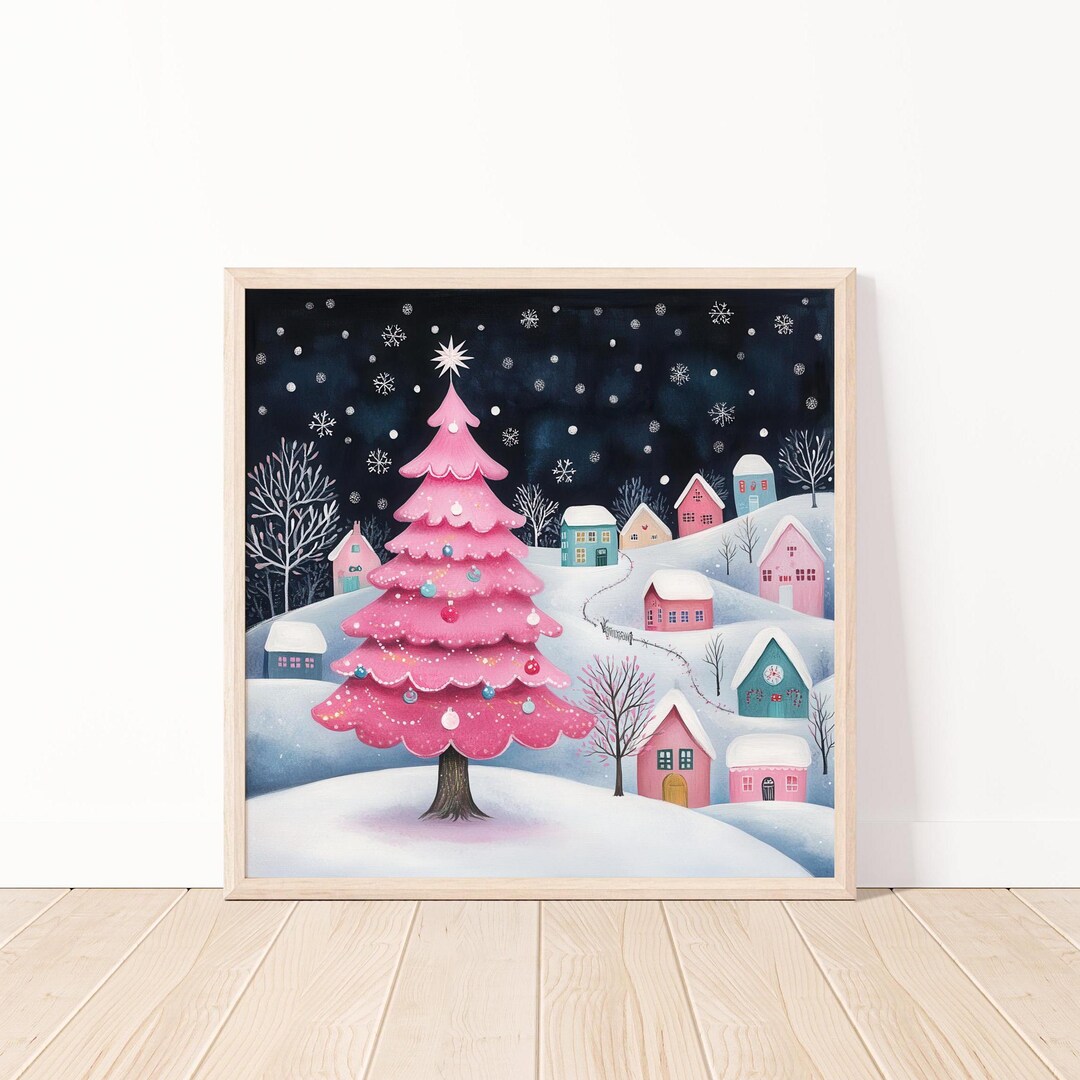 Christmas Village Winter Scene Printable Art, Festive Pink Christmas ...