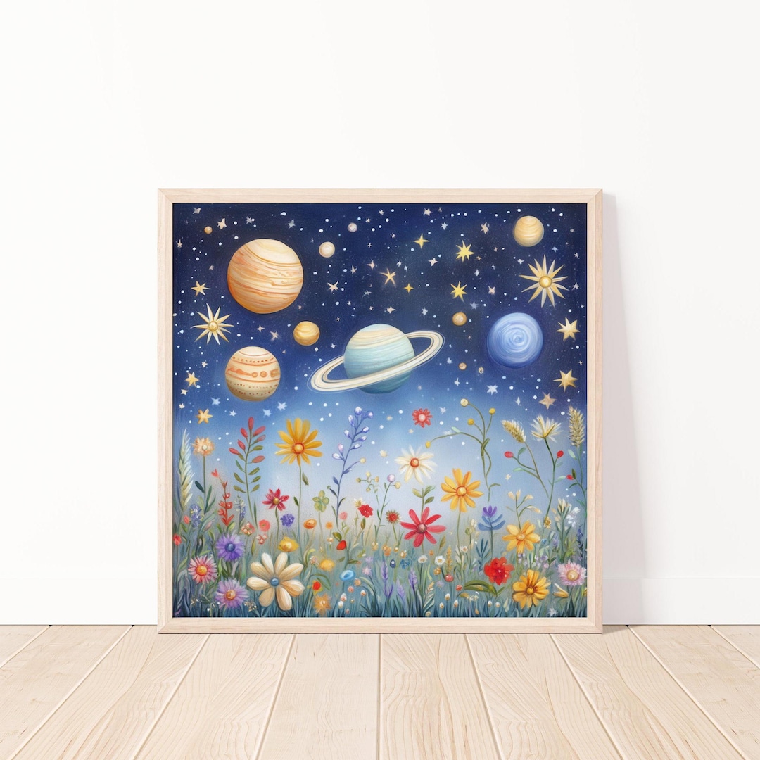 Whimsical Space Flowers Digital Art Print Planets Stars Flower Field ...