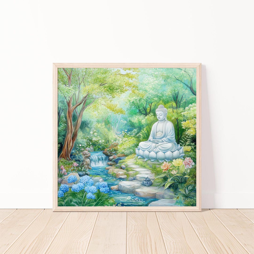 Watercolor Buddha Zen Garden Waterfall Peaceful Meditation Art Print ...