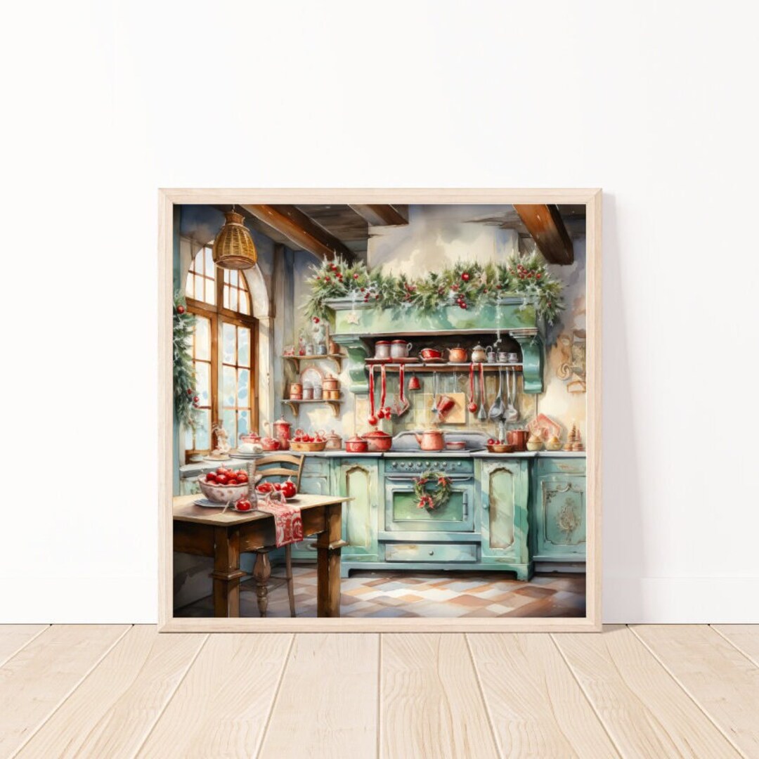 Watercolor Vintage Country Kitchen at Christmas Wall Art-country House ...