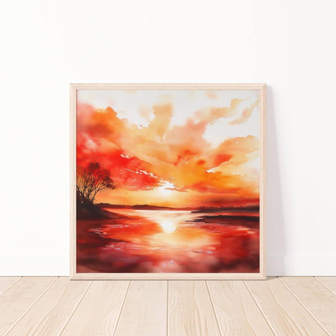 Sunset Landscape Digital Print, Sunrise Wall Art Download, Watercolor ...