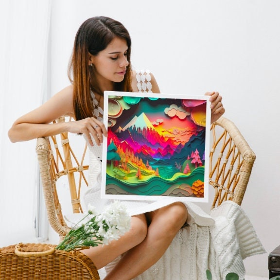 Colorful Mountains Scene Paper Quilling Art-mountains at Sunset AI Wall ...