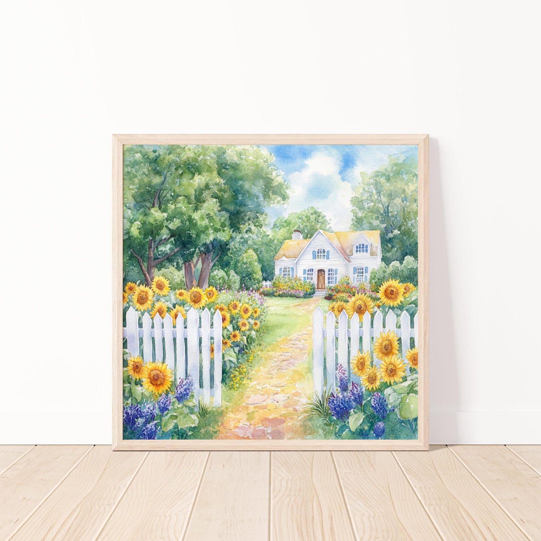 Watercolor Cottage Scene Print, Country Home Digital Art, Sunflower ...