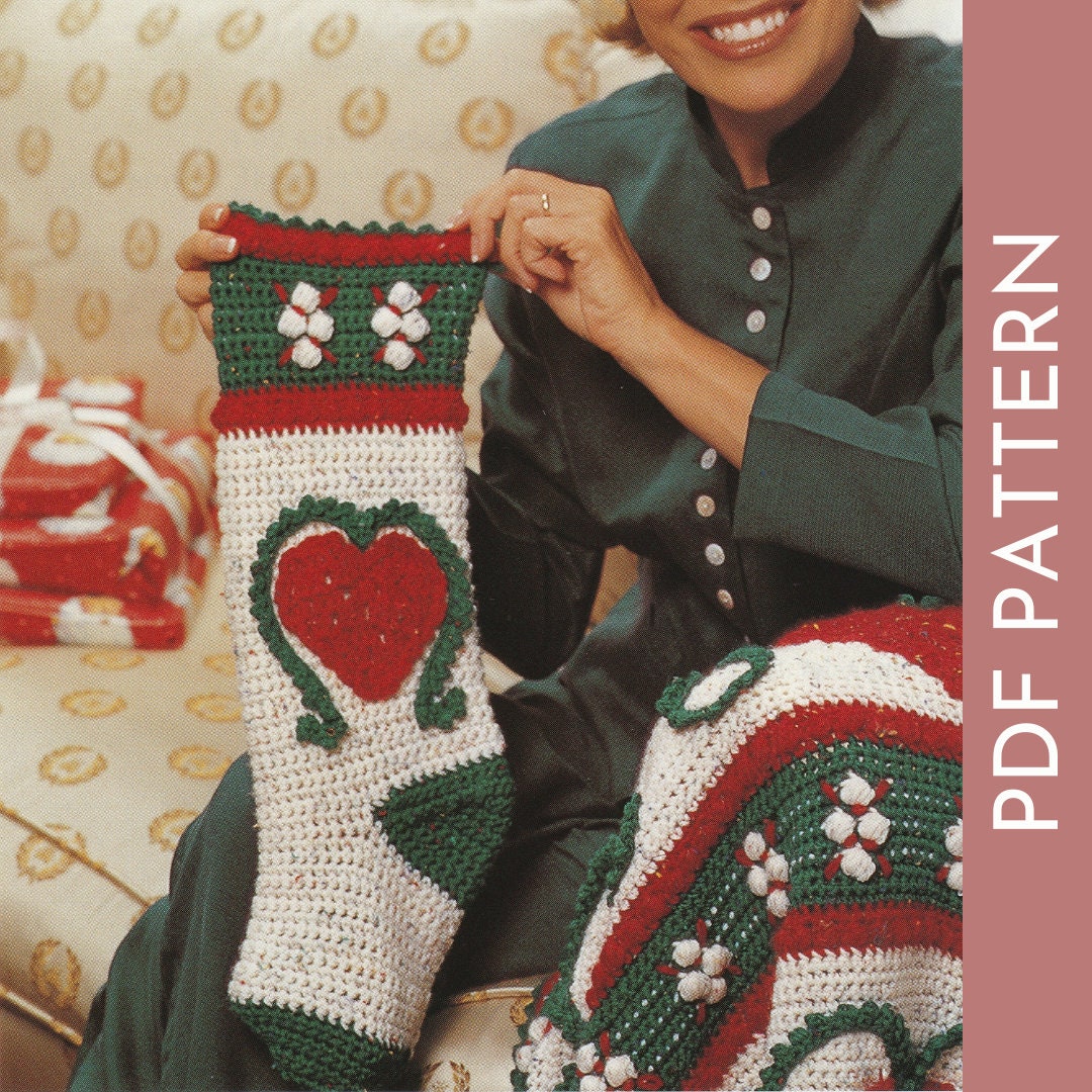 Vintage Crochet Pattern Christmas Stocking Heart Shape, Pattern Quick ...