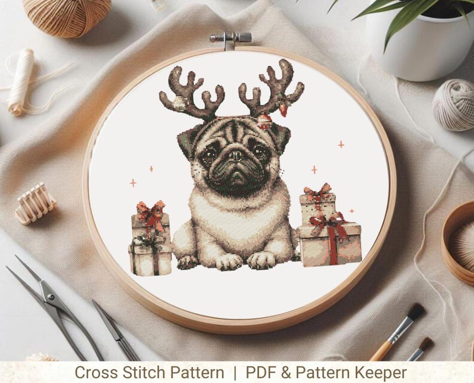 Christmas Pug Cross Stitch Pattern, Merry Pugmas Xmas Cross Stitch ...