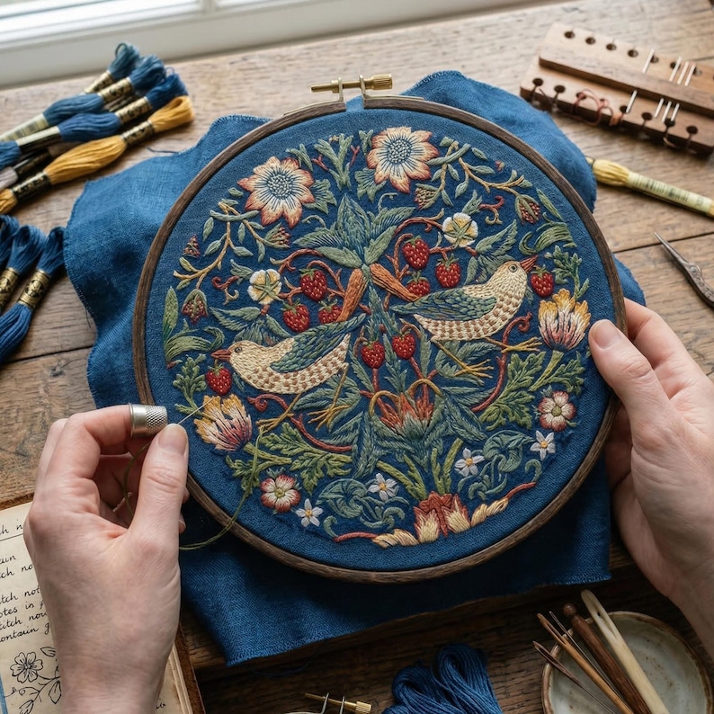William Morris Strawberry Thief Hand Embroidery Pattern, Folk Bird ...