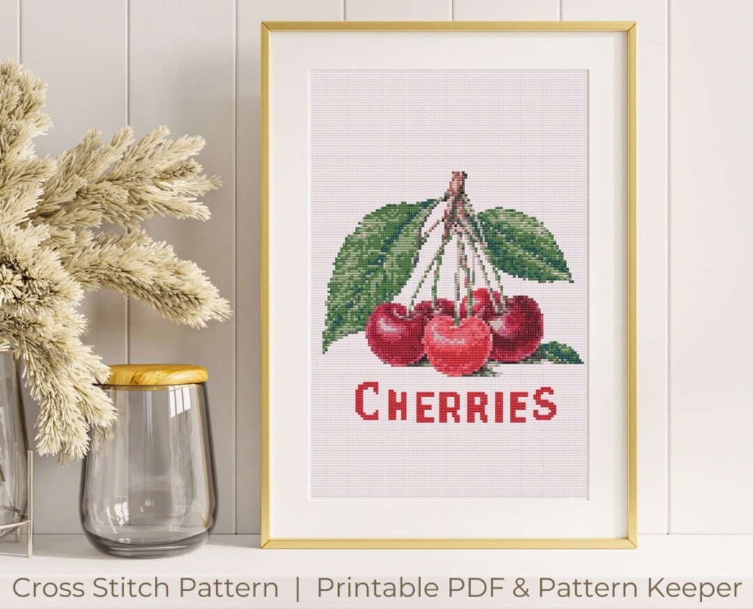 Vintage Watercolor Cherry Cross Stitch Pattern, Red Cherries Cross ...