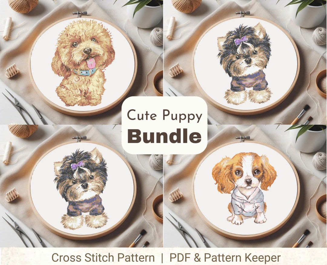 Watercolor Cute Puppy Cross Stitch Pattern Bundle, Set of 4 Funny Baby ...