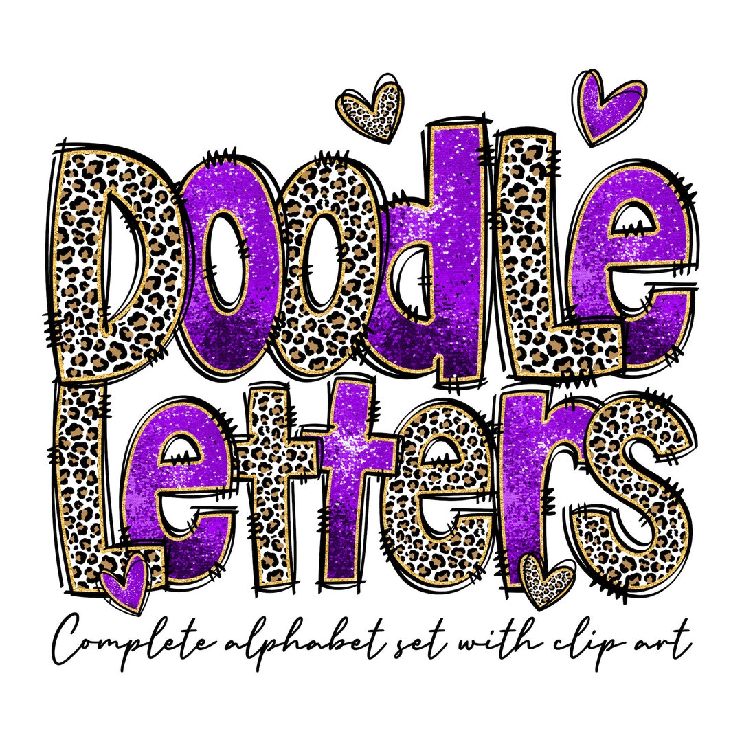 Purple Glitter Leopard Doodle Letters Alphabet Set, Doodle Font PNG ...