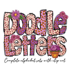 Leopard Floral Doodle Letters With Clip Art, Purple Flower Hand Drawn ...