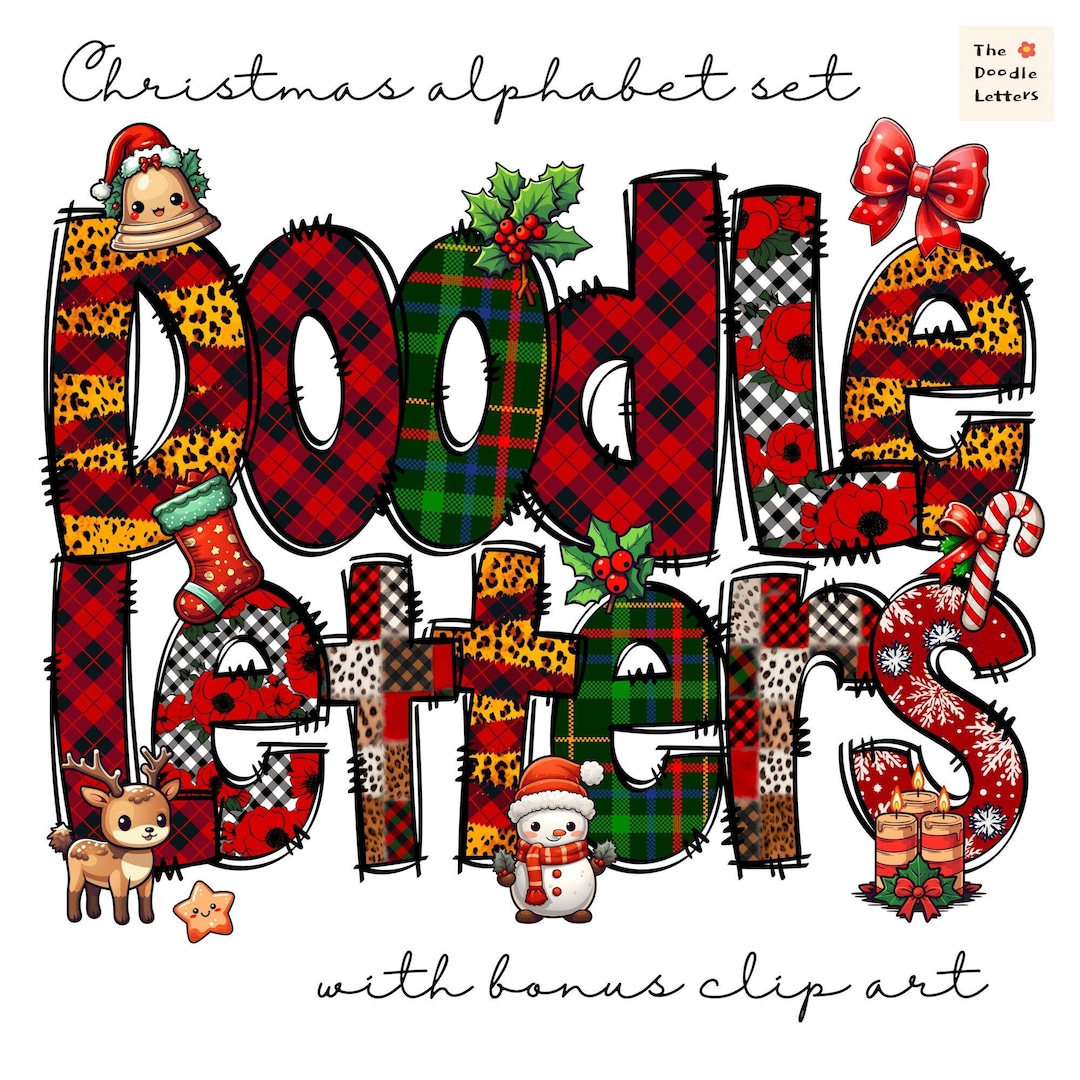 Christmas Clip Art + Doodle Letters and Numbers, Uppercase Alphabet Set ...
