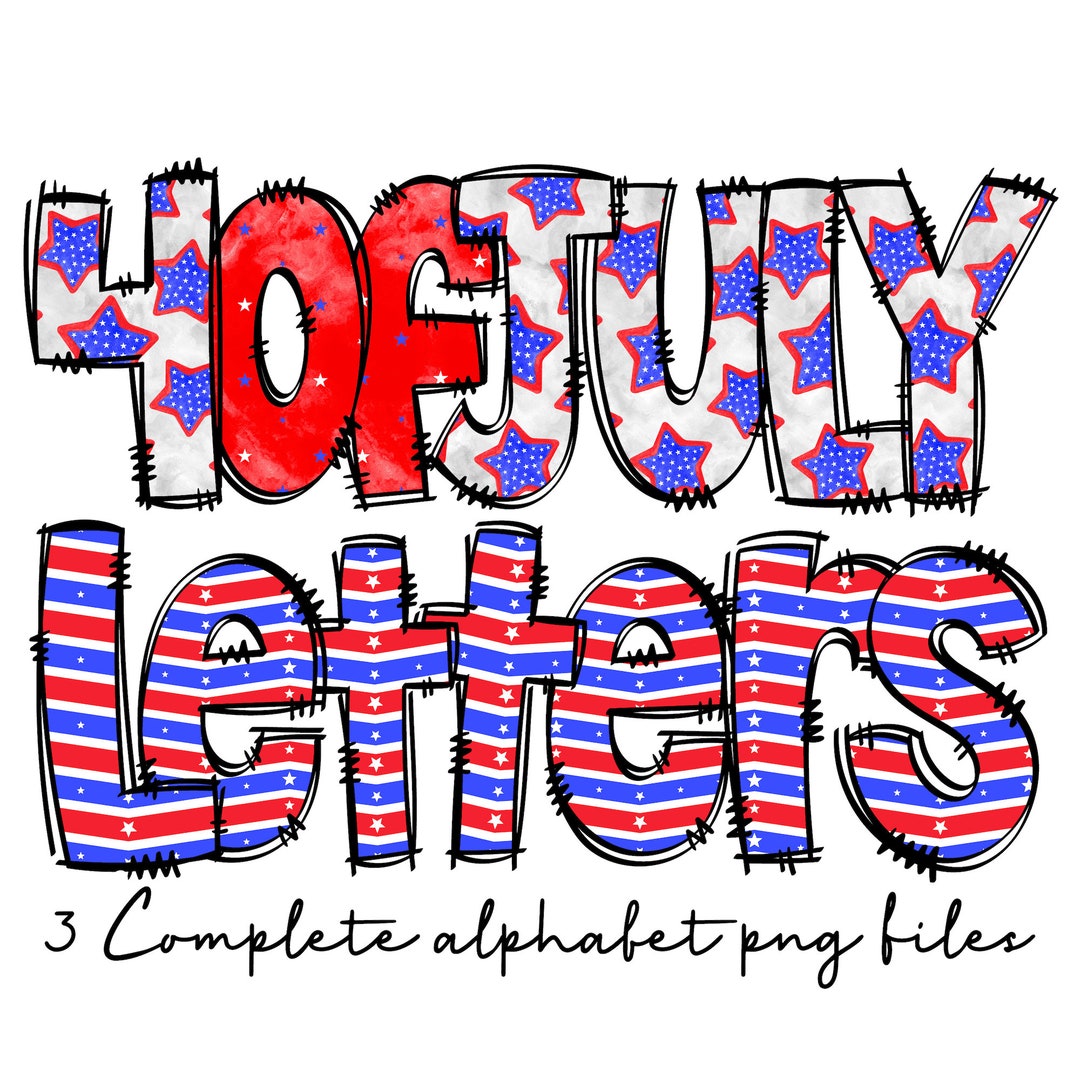 4TH July USA Flag Doodle Letters PNG Bundle, Red White & Blue Digital ...