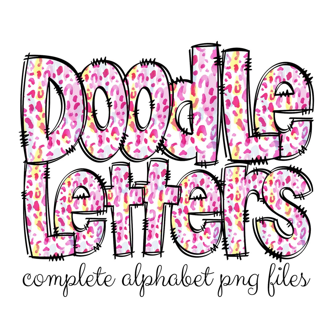 Watercolor Pink Leopard Doodle Letters, Hand Drawn Doodle Alpha Bundle ...