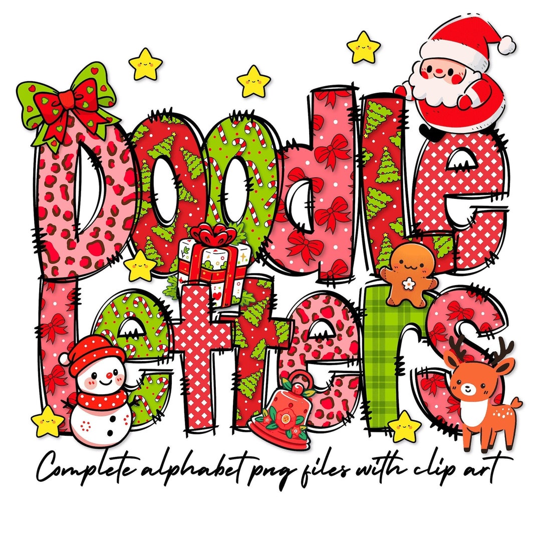Christmas Clip Art + Doodle Letters & Numbers, Uppercase Alphabet Set ...