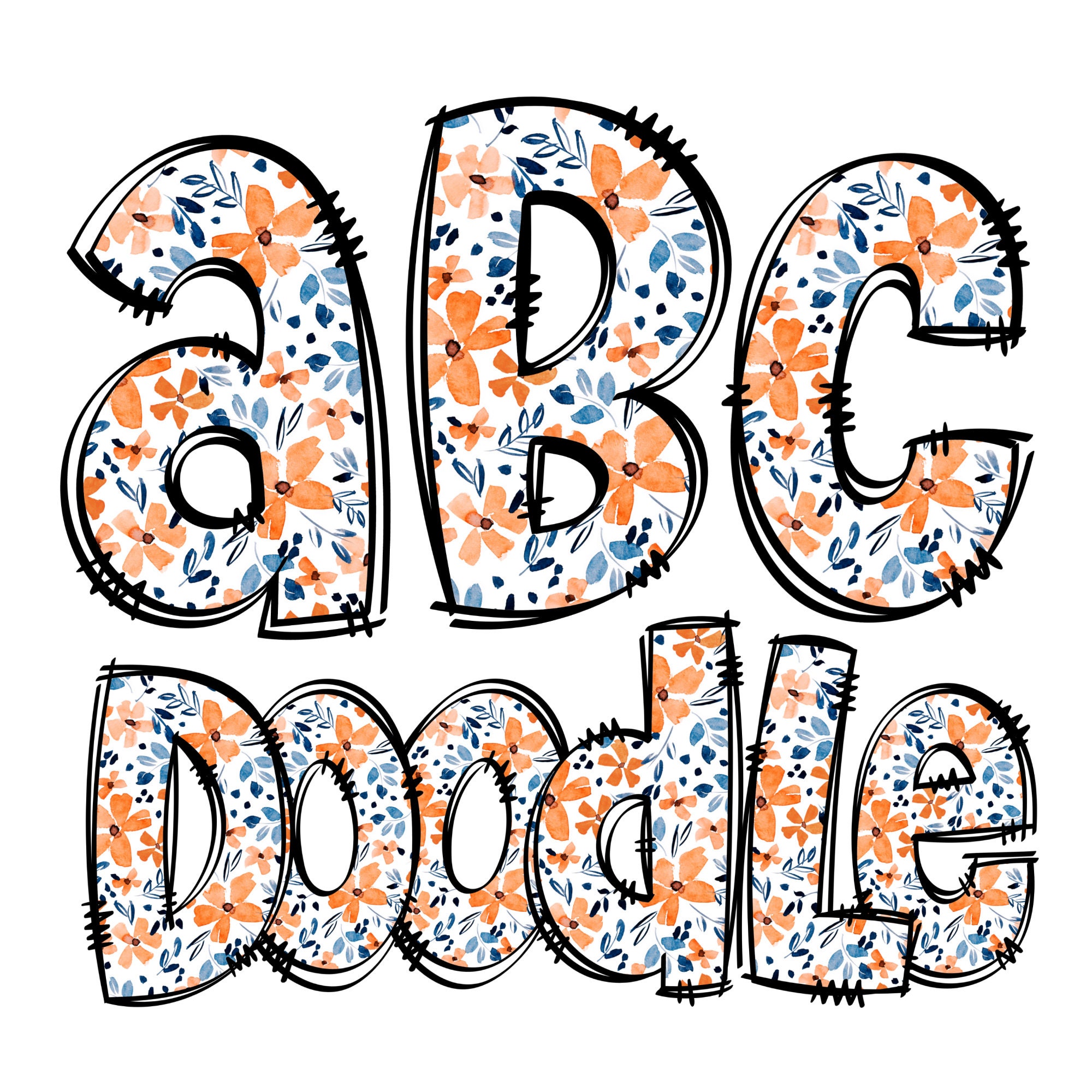 Watercolor Florals Doodle Letters Hand Drawn Doodle Alpha - Etsy