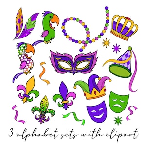 Mardi Gras Doodle Letters With Clip Art PNG Files, Mardi Gras Carnival ...