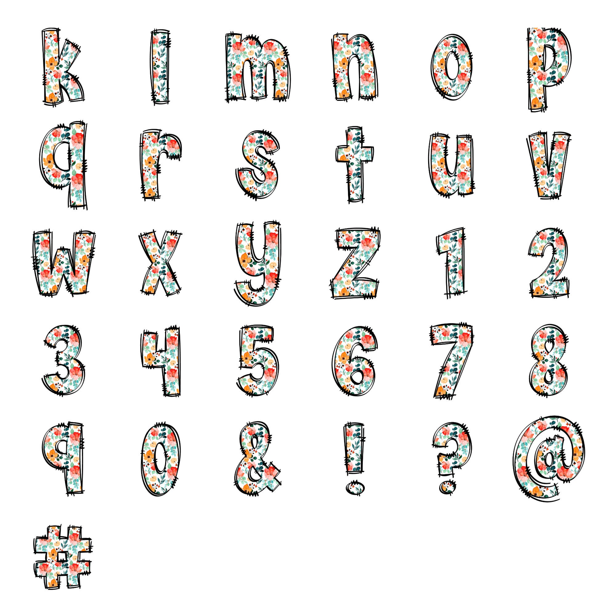 Watercolor Flowers Doodle Letters Hand Drawn Doodle Alpha - Etsy