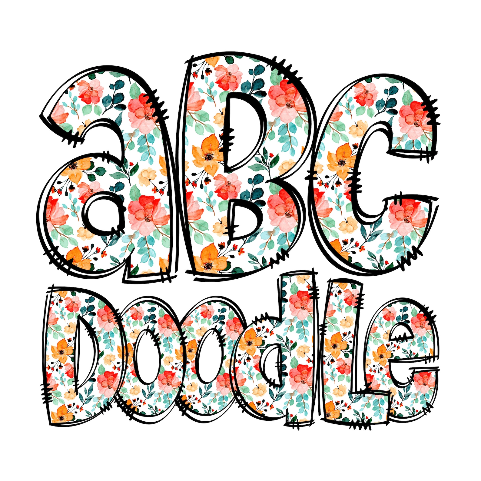 Watercolor Flowers Doodle Letters, Hand Drawn Doodle Alpha Bundle ...