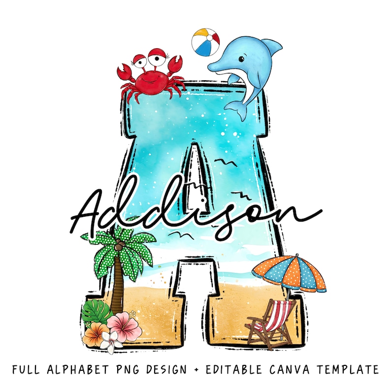 Beach Doodle Letters PNG, Add Your Own Name, CANVA Template ...